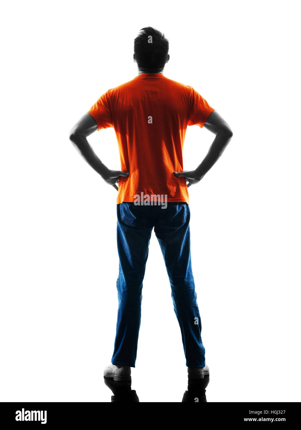 one causcasian man standing Rear View in silhouette isolated on white ...