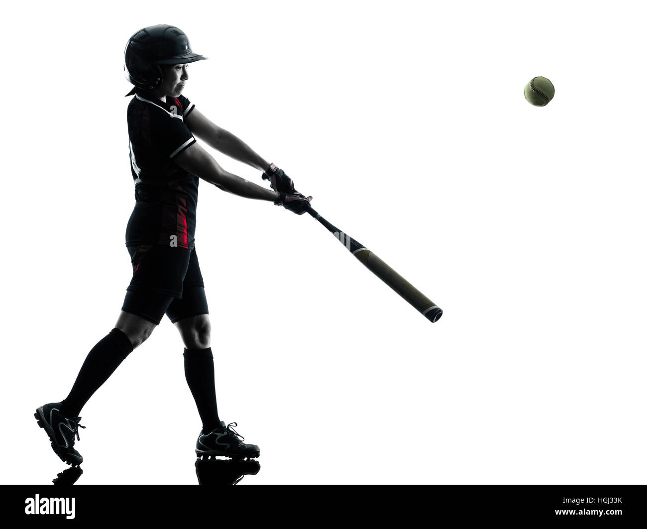 one woman playing softball players in silhouette isolated on white ...