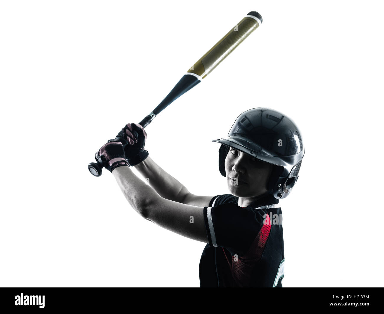 one woman playing softball players in silhouette isolated on white ...