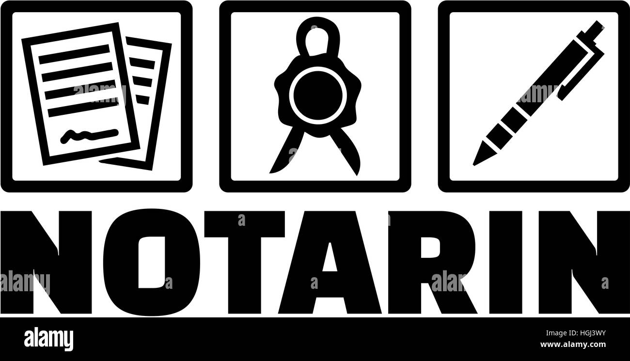 Female german notary with icons. Contract, seal and pen Stock Photo - Alamy