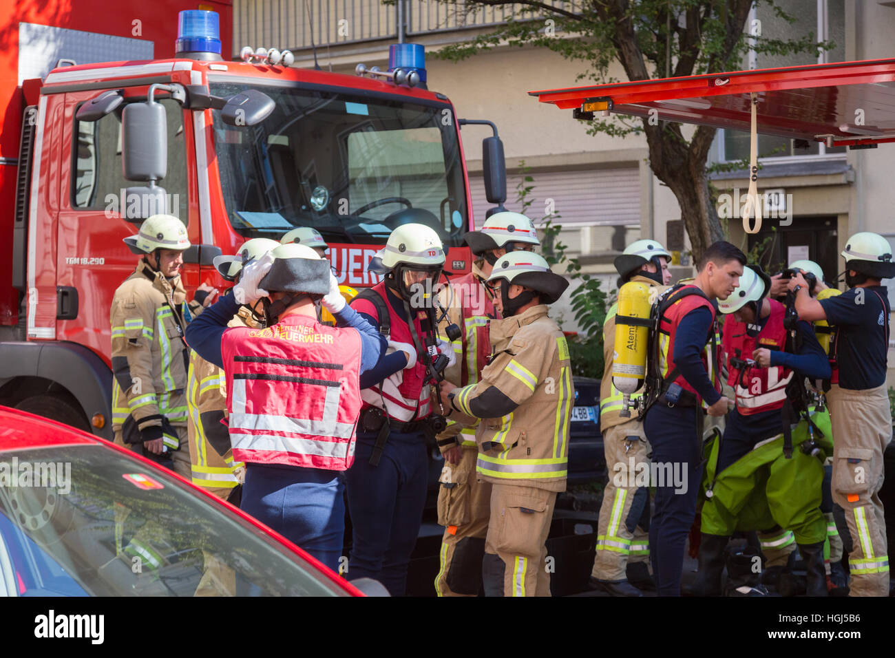 Firefighters getting ready to intervene on chemical accident location ...