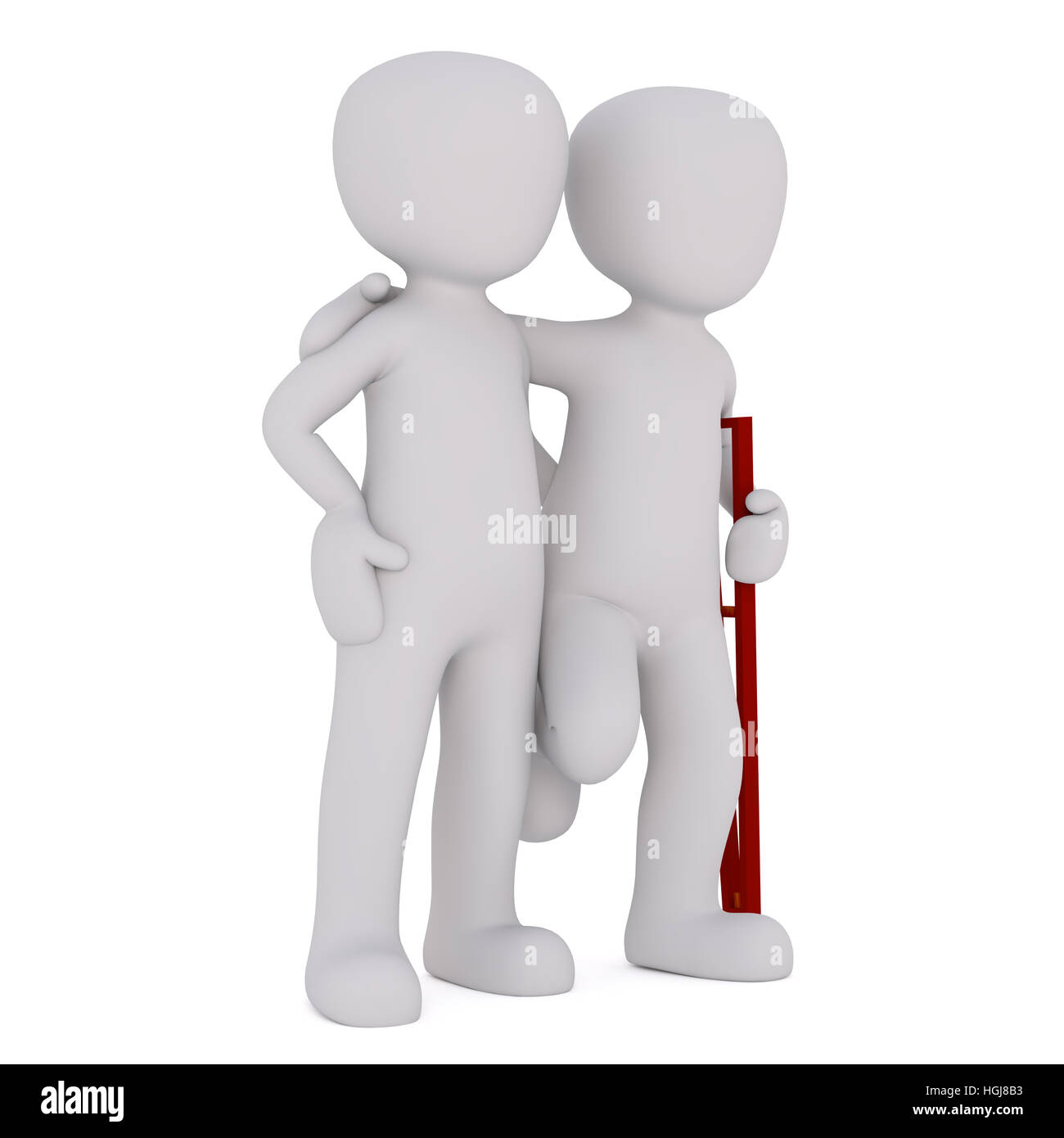 Two faceless 3D cartoons, one with broken leg standing with anothers ...