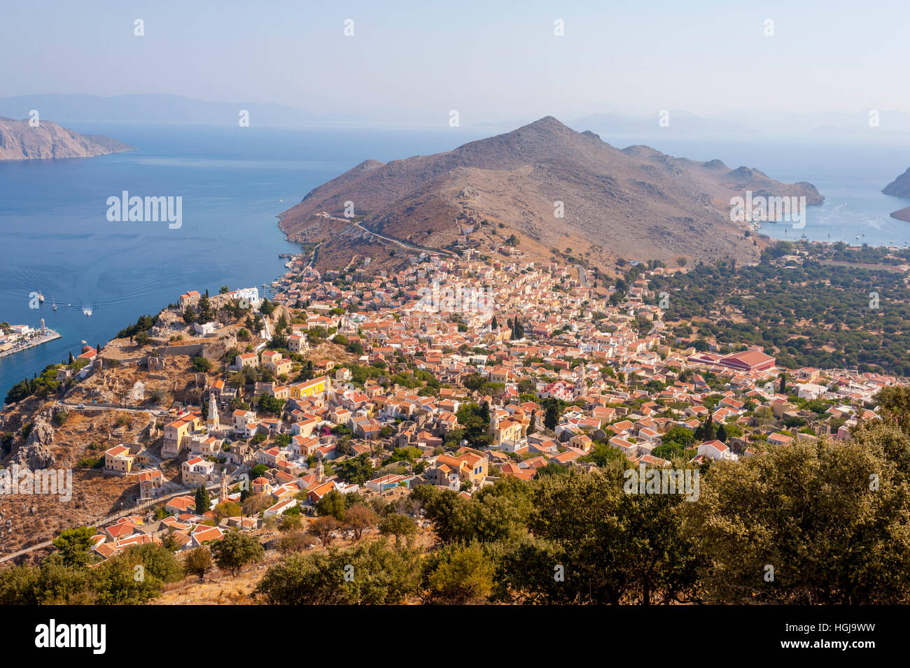 Looking down on Horio the old town on the island of Symi greece Stock ...