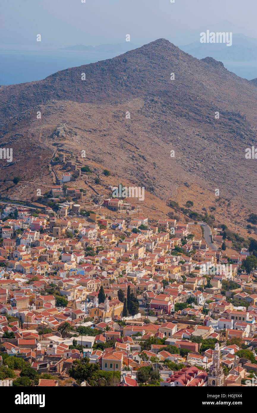 Looking down on Horio the old town on the island of Symi greece Stock ...