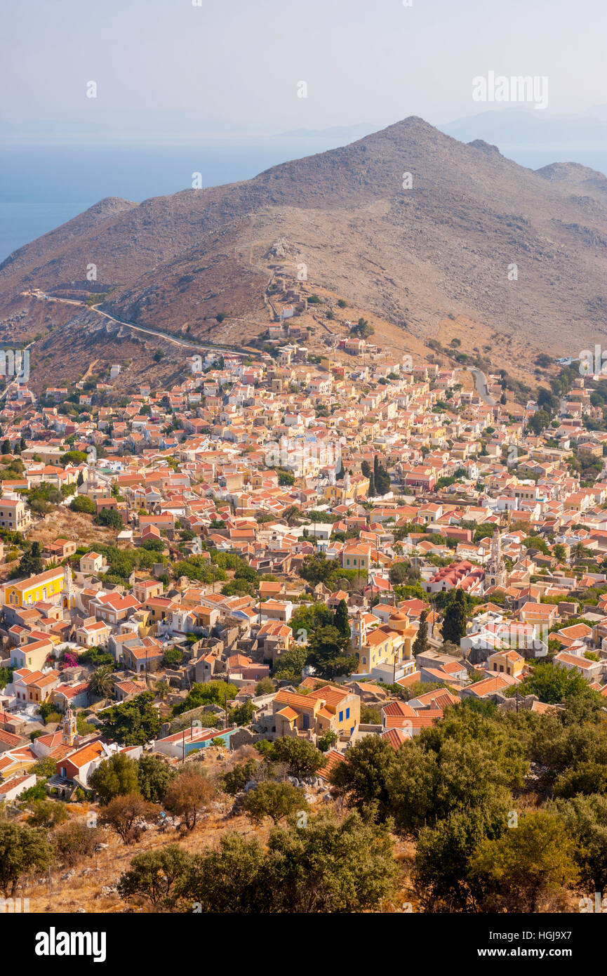 Looking down on Horio the old town on the island of Symi greece Stock ...