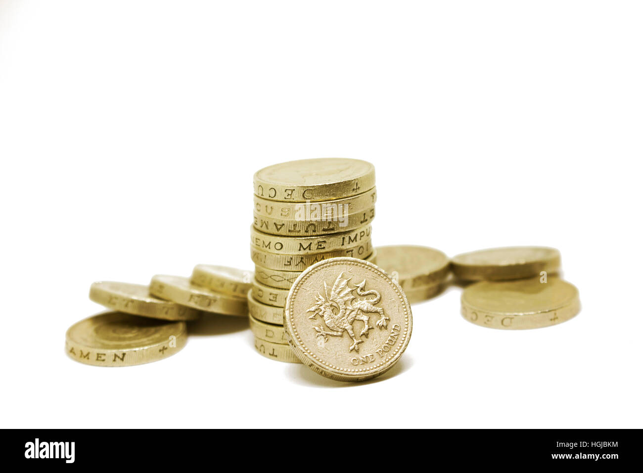 Stack of British 1 pound coins in a pile on an isolated white ...