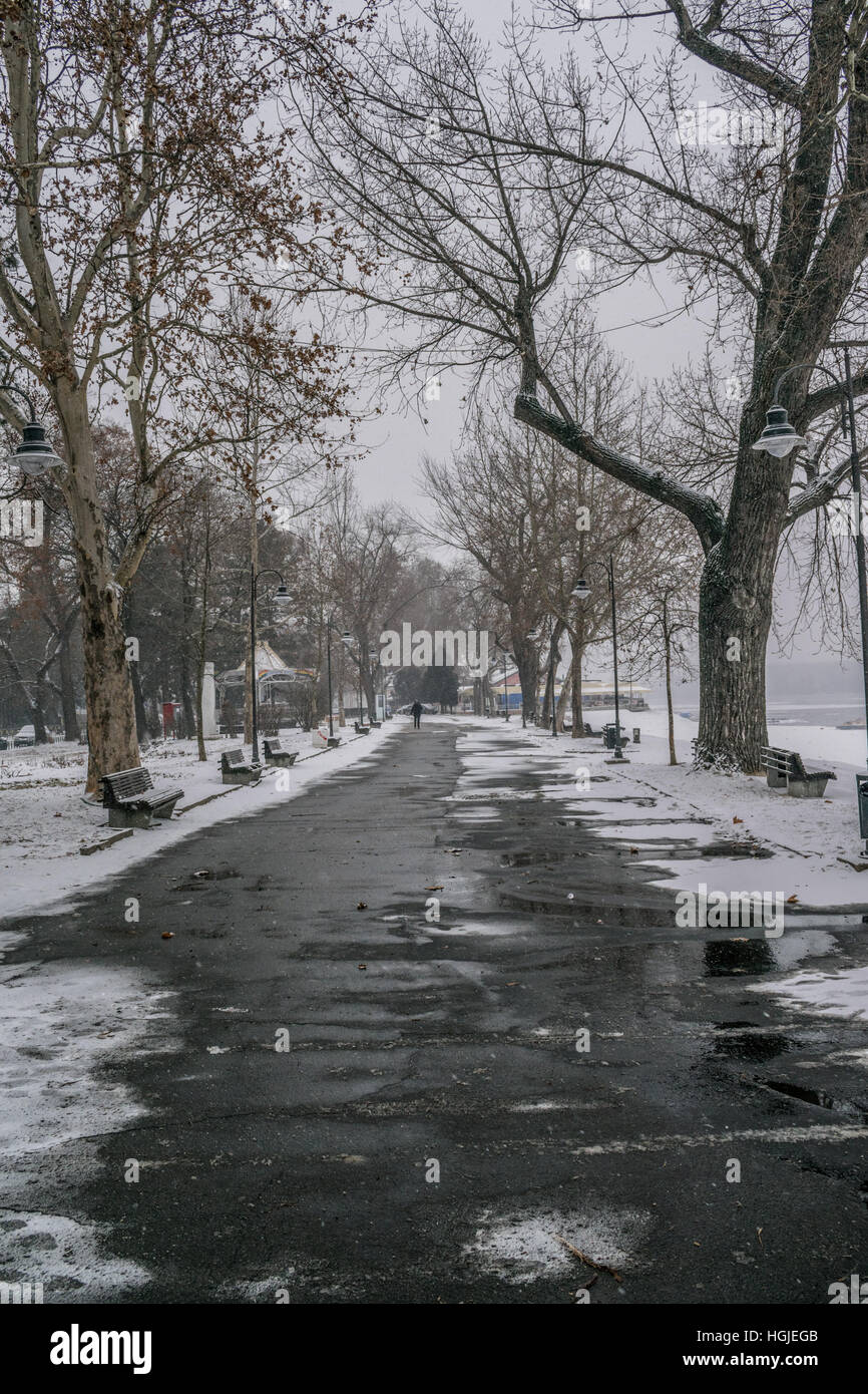 Frozen pathway in the park by the river on a snowing winter day Stock ...