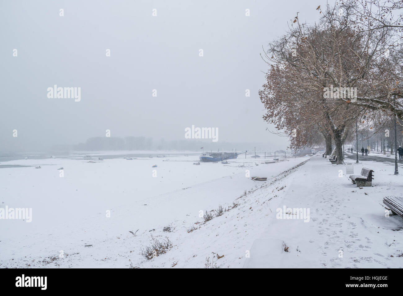 Frozen pathway in the park with benches by the river on a snowing ...
