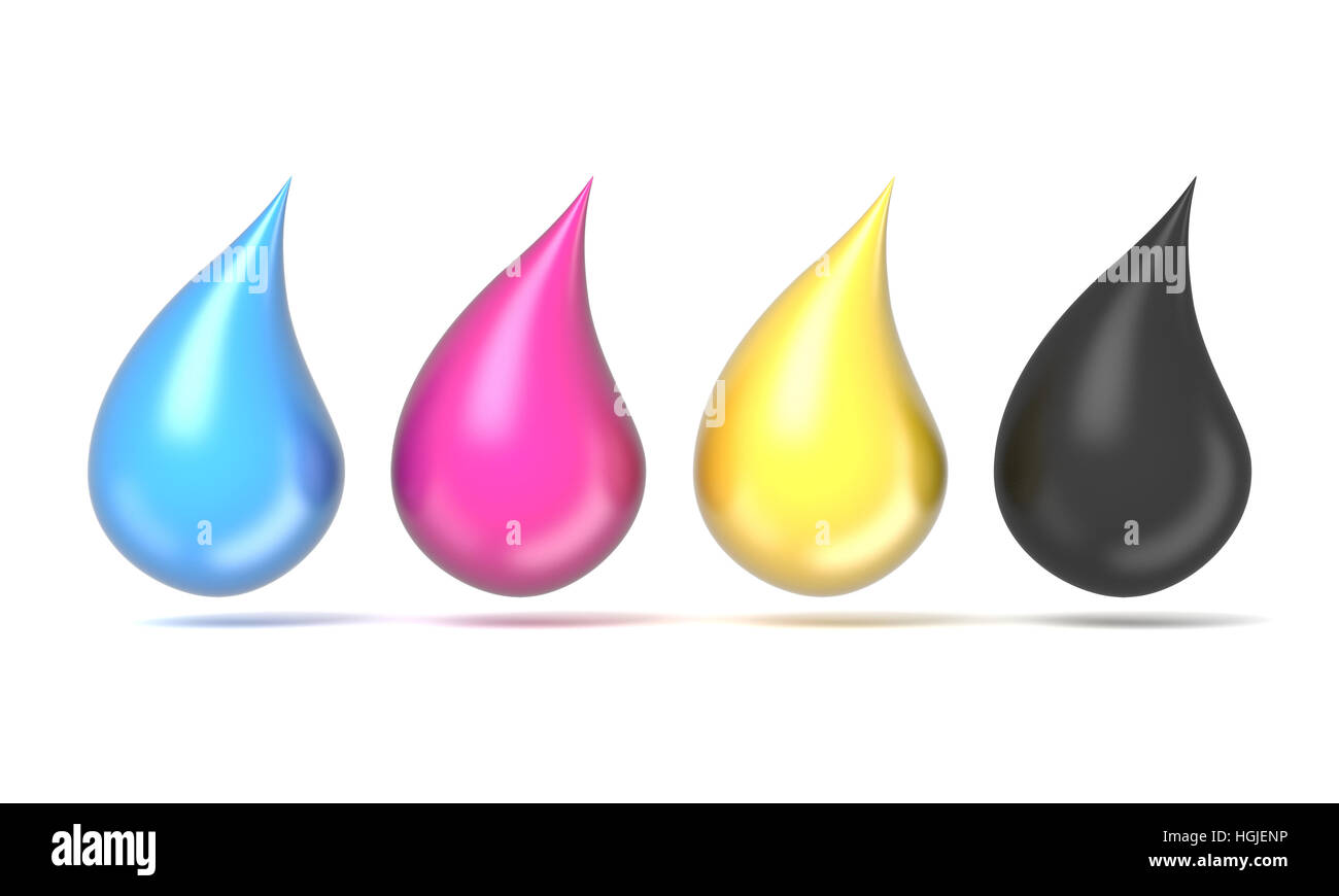 CMYK ink droplets sign. 3D render illustration isolated on white ...