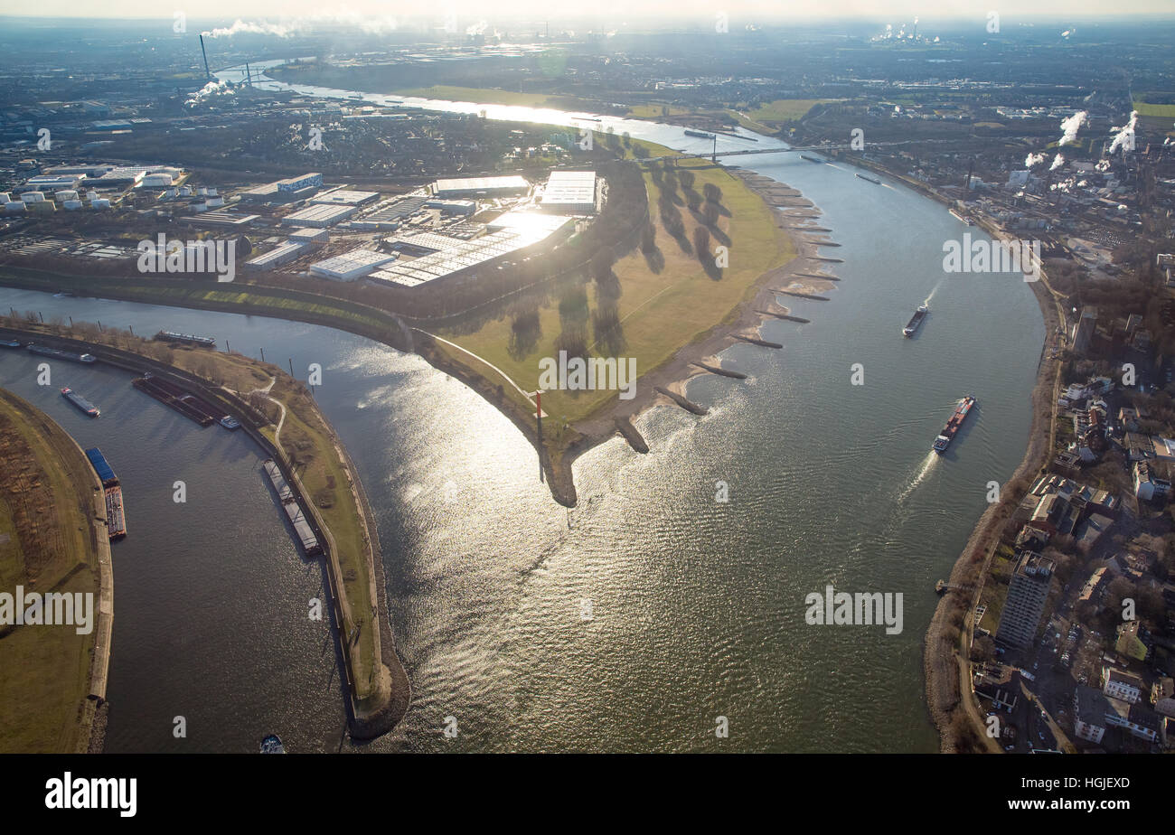 Aerial view, mouth of river Ruhr, low tide of the Rhine between Ruhrort ...