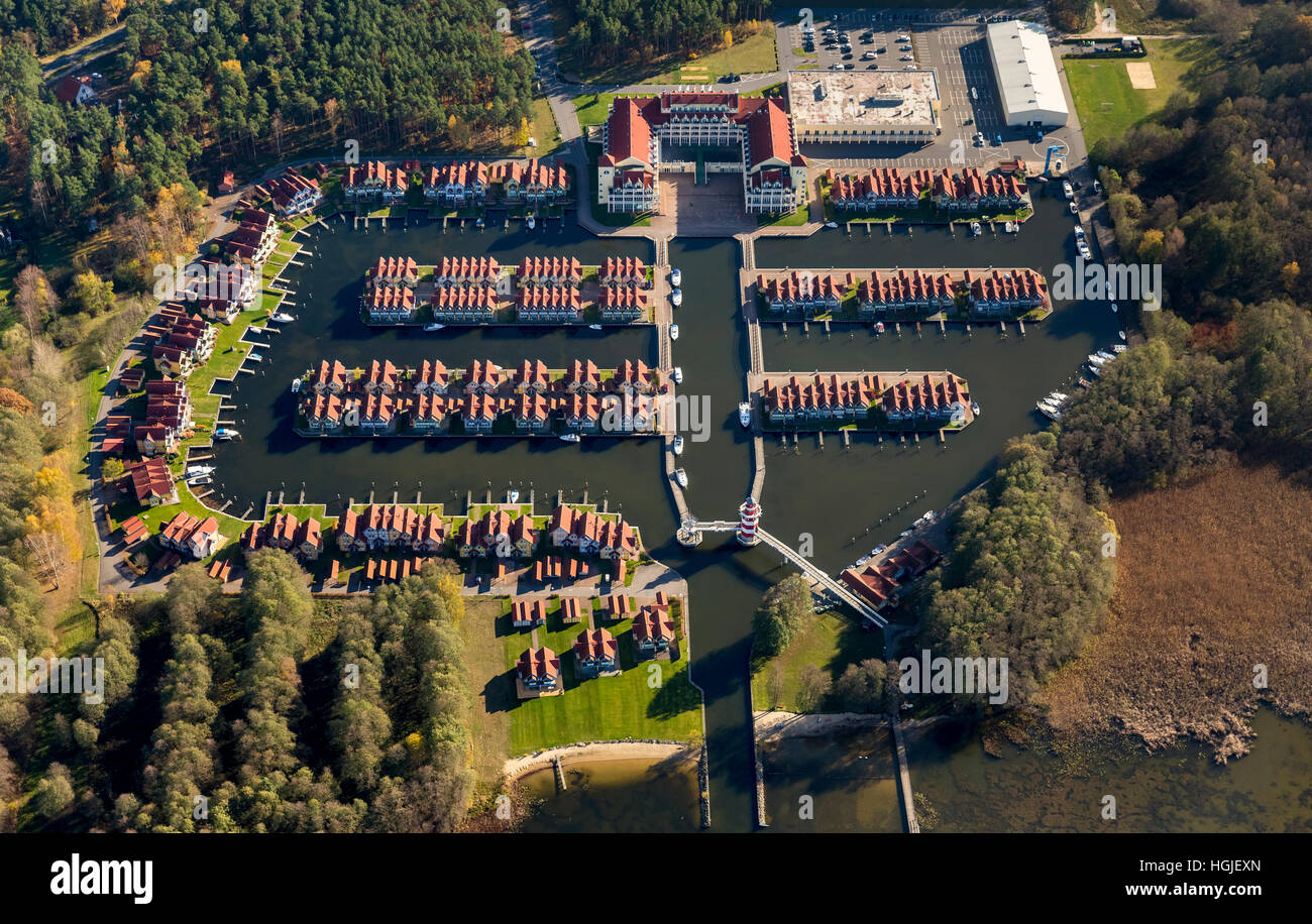 Aerial view cottages with boat launch, marina Rheinberg, harbour ...
