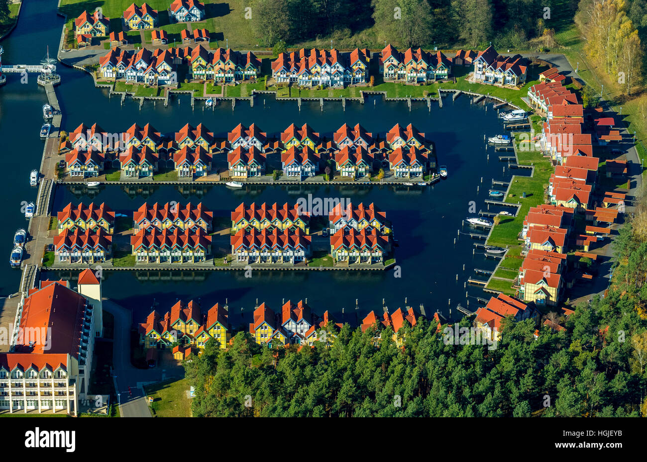 Aerial view cottages with boat launch, marina Rheinberg, harbour ...