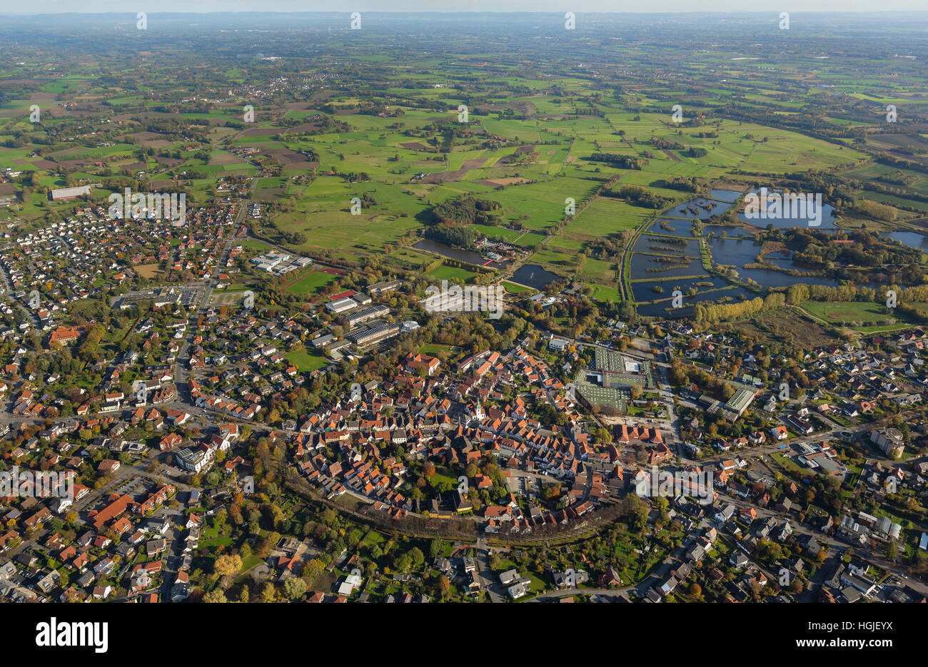 Aerial view, historical hub of the capital of Rietberg with city walls ...