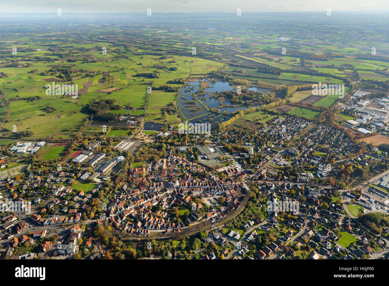 Aerial view, historical hub of the capital of Rietberg with city walls ...