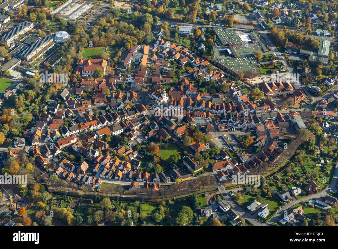 Aerial view, historical hub of the capital of Rietberg with city walls ...