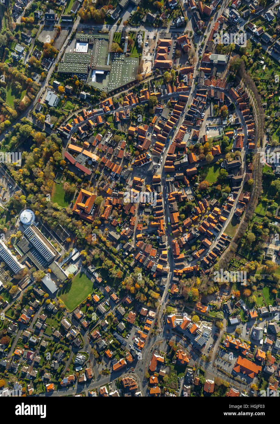 Aerial view, historical hub of the capital of Rietberg with city walls ...