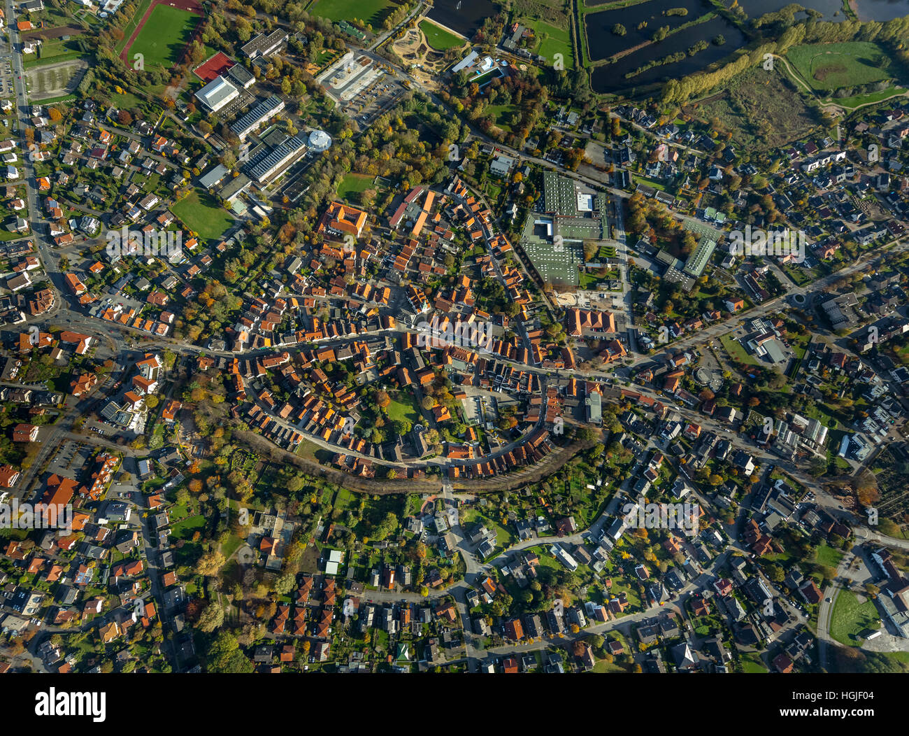 Aerial view, historical hub of the capital of Rietberg with city walls ...