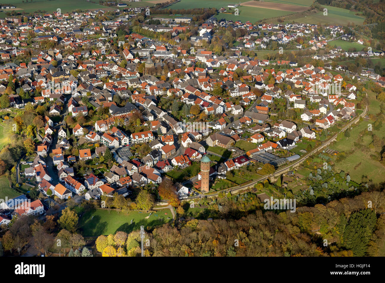 Aerial view, walled city of Rüthen with water tower, Rüthen, Sauerland ...