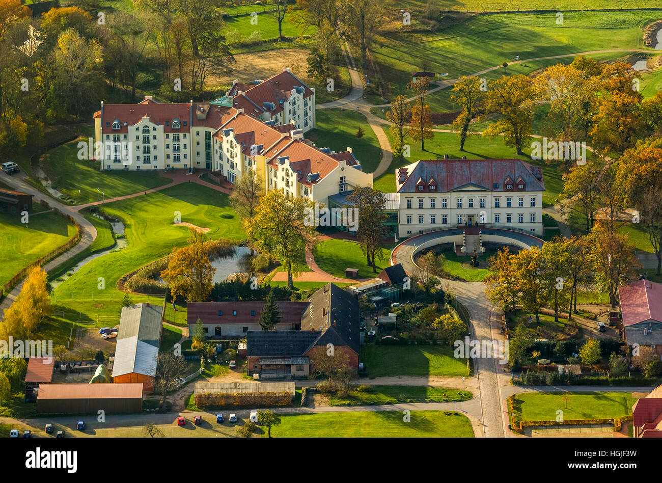 Aerial view, Country hotel castle,Schloss Teschow, Teterow, Mecklenburg ...