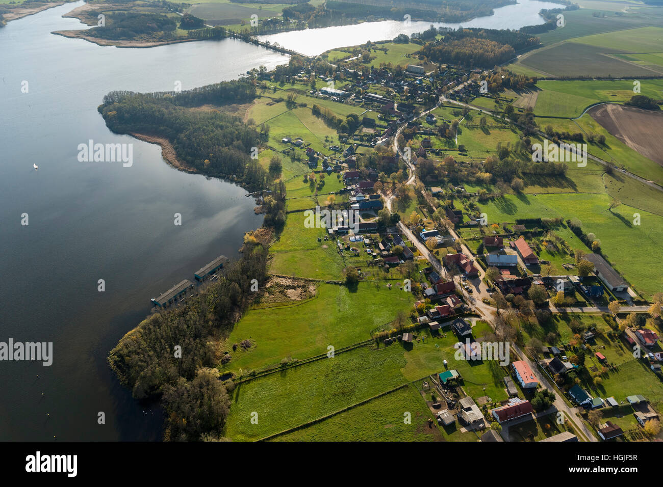 Aerial view Viperow at the Kleine Müritz, Rechlin, Mecklenburg Lake ...