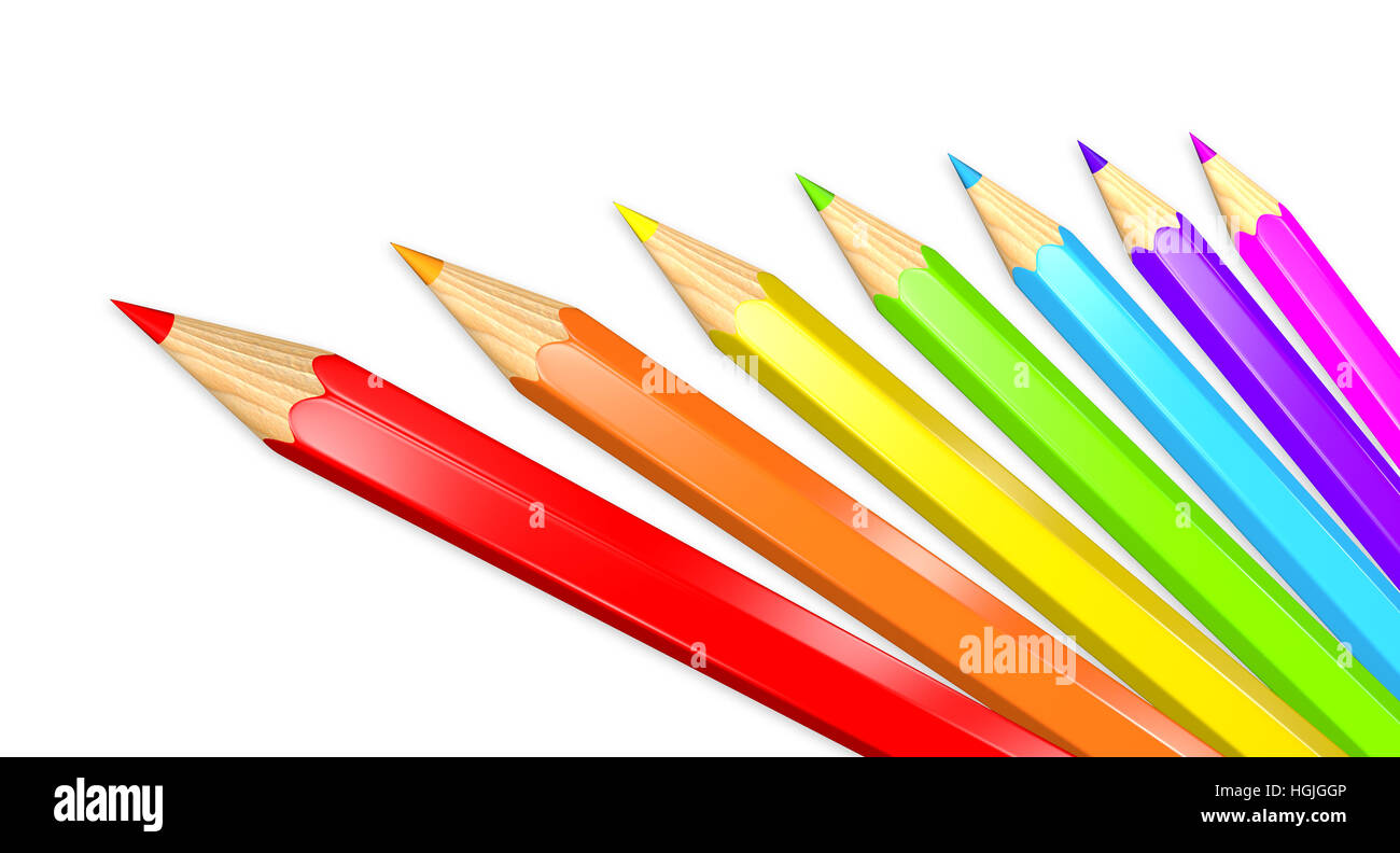 3D Rendered Illustration of seven colored pencils in a rainbow isolated ...