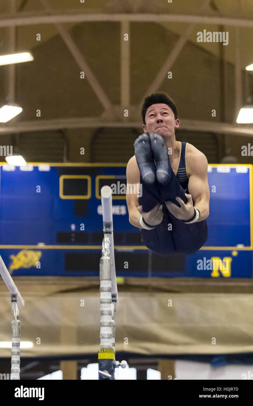 Annapolis, USA. 21st Jan, 2017. Navy Gymnastics Jonny Tang performs a ...
