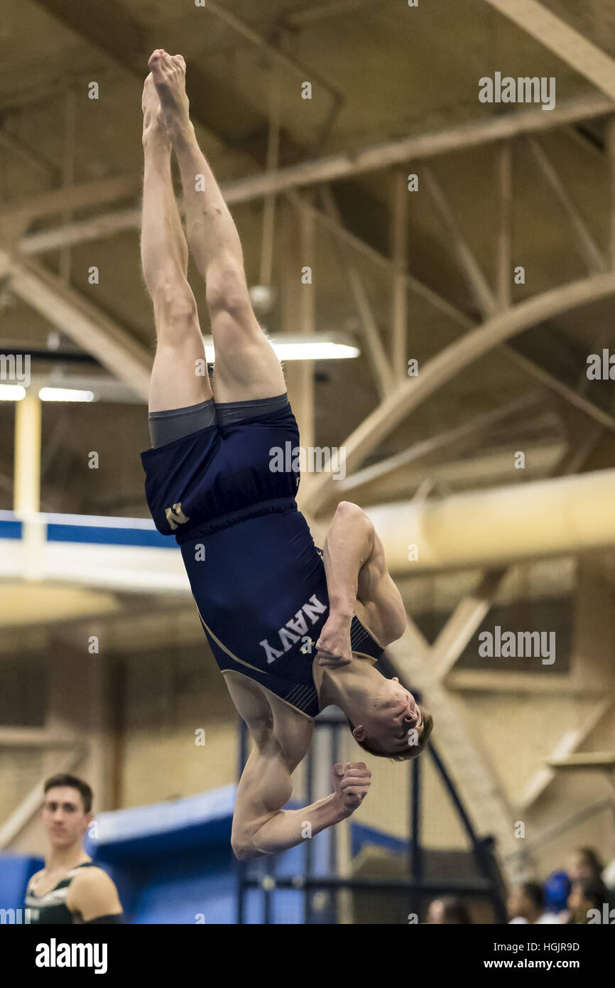 Annapolis, USA. 21st Jan, 2017. Navy Gymnastics Noah Beeman performs a ...