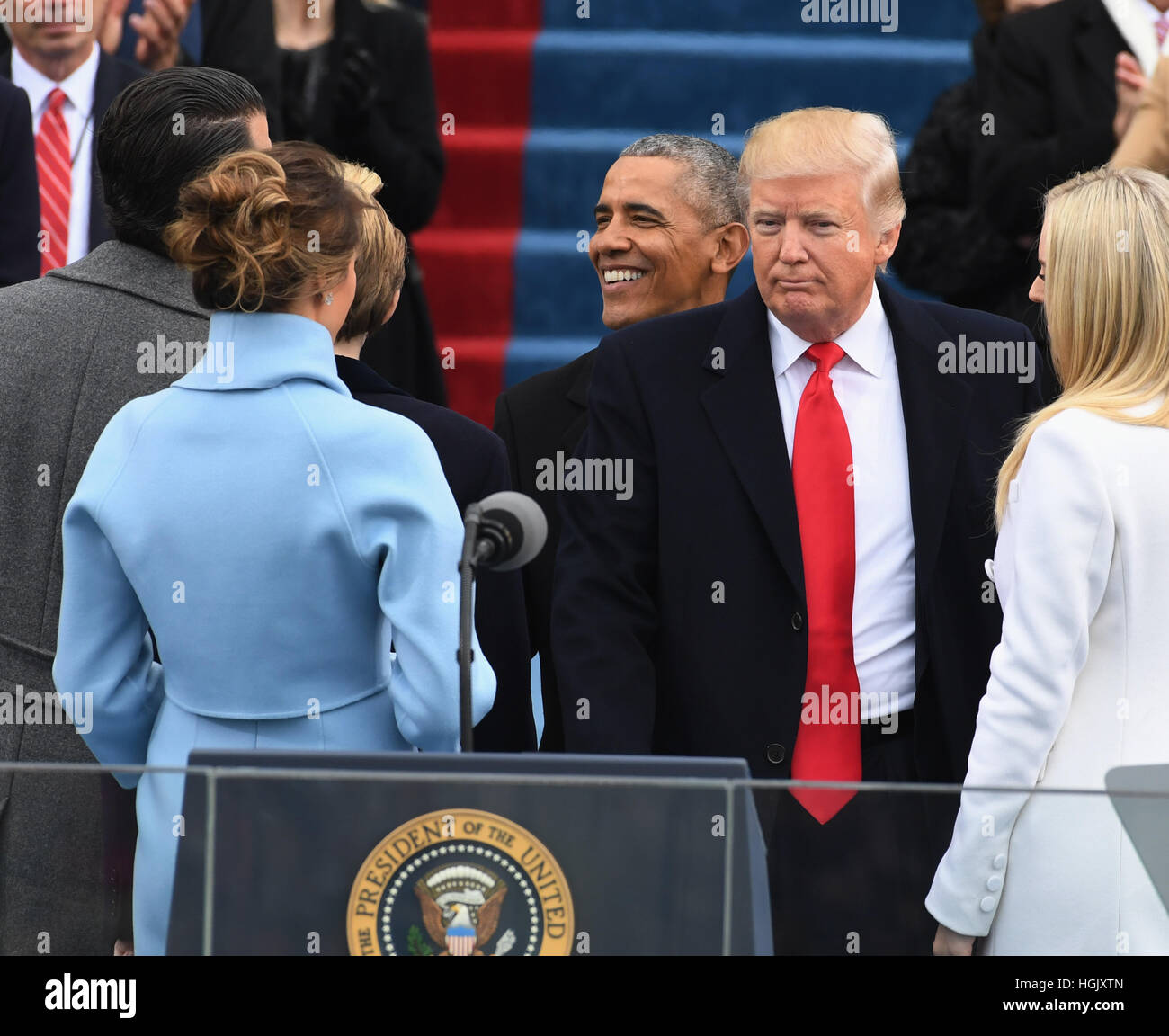 Ex-President Barack Obama (C) greets the Trump family after Donald ...