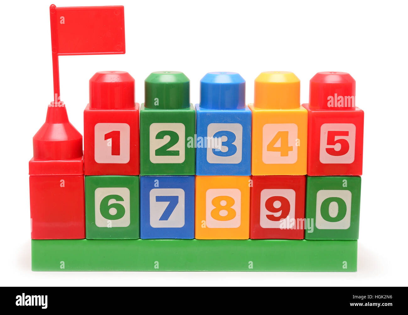 Colorful stacked toy plastic building blocks isolated on white ...