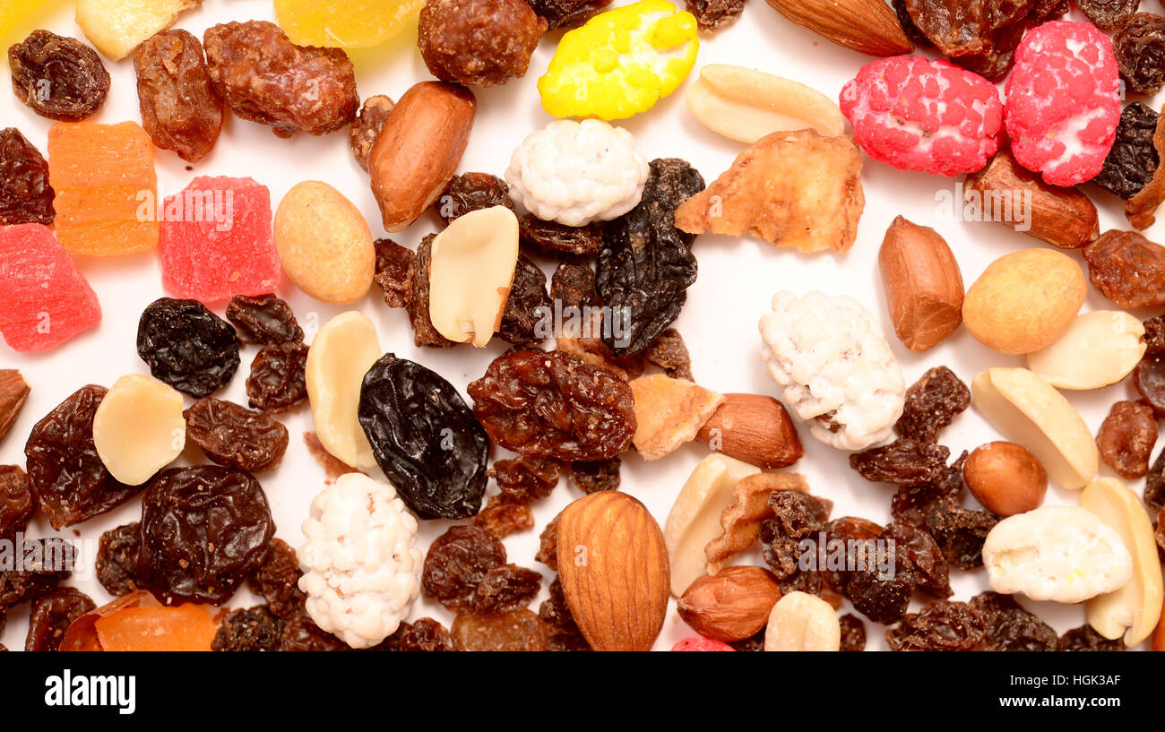 Pile of toasted nuts and candied fruit background Stock Photo - Alamy