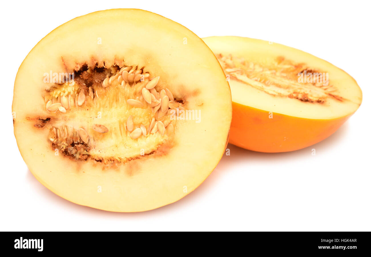 Yellow rotten melon slices on white background Stock Photo - Alamy