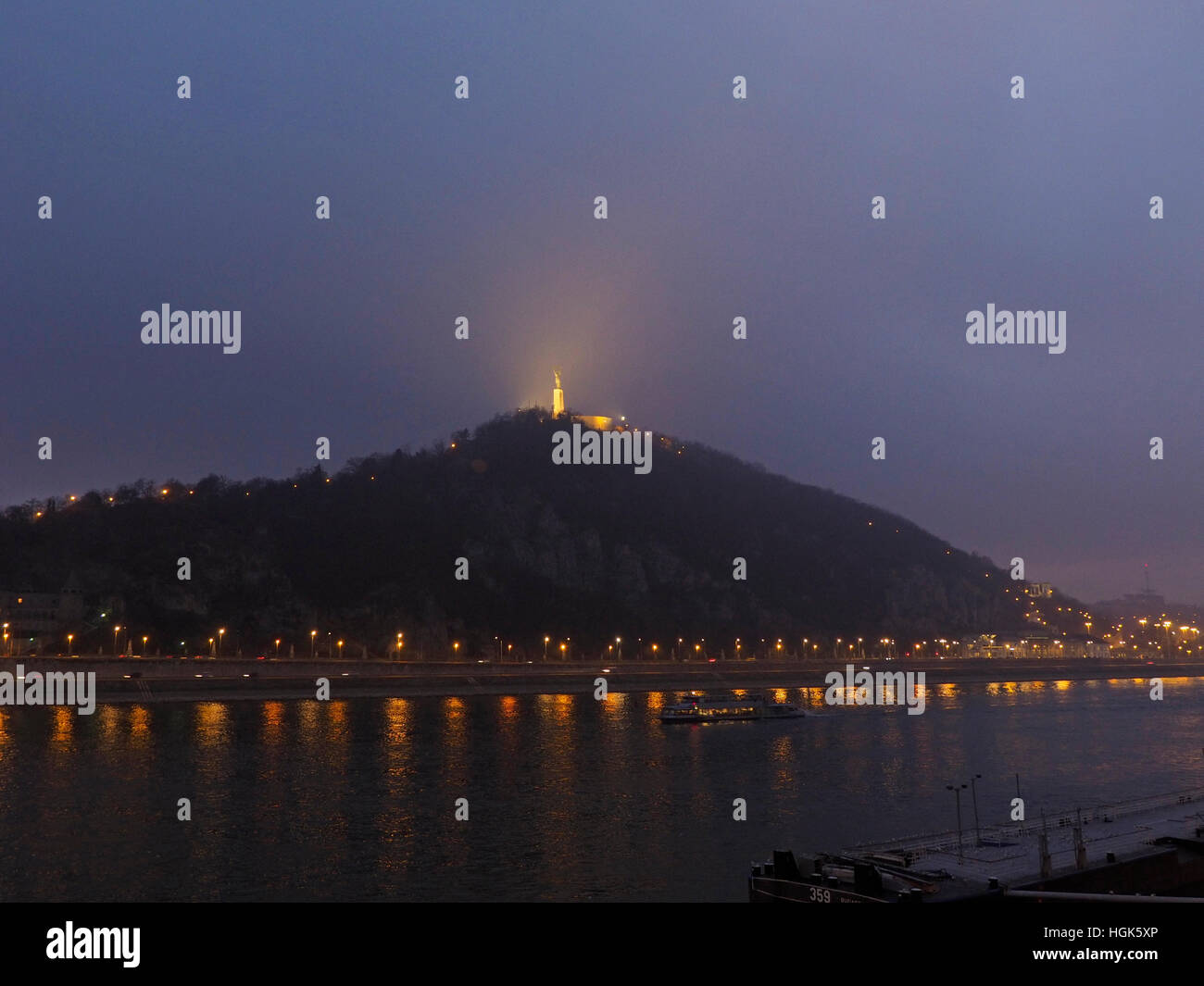 Gellert hill at night with illuminated liberty monument, in Budapest ...