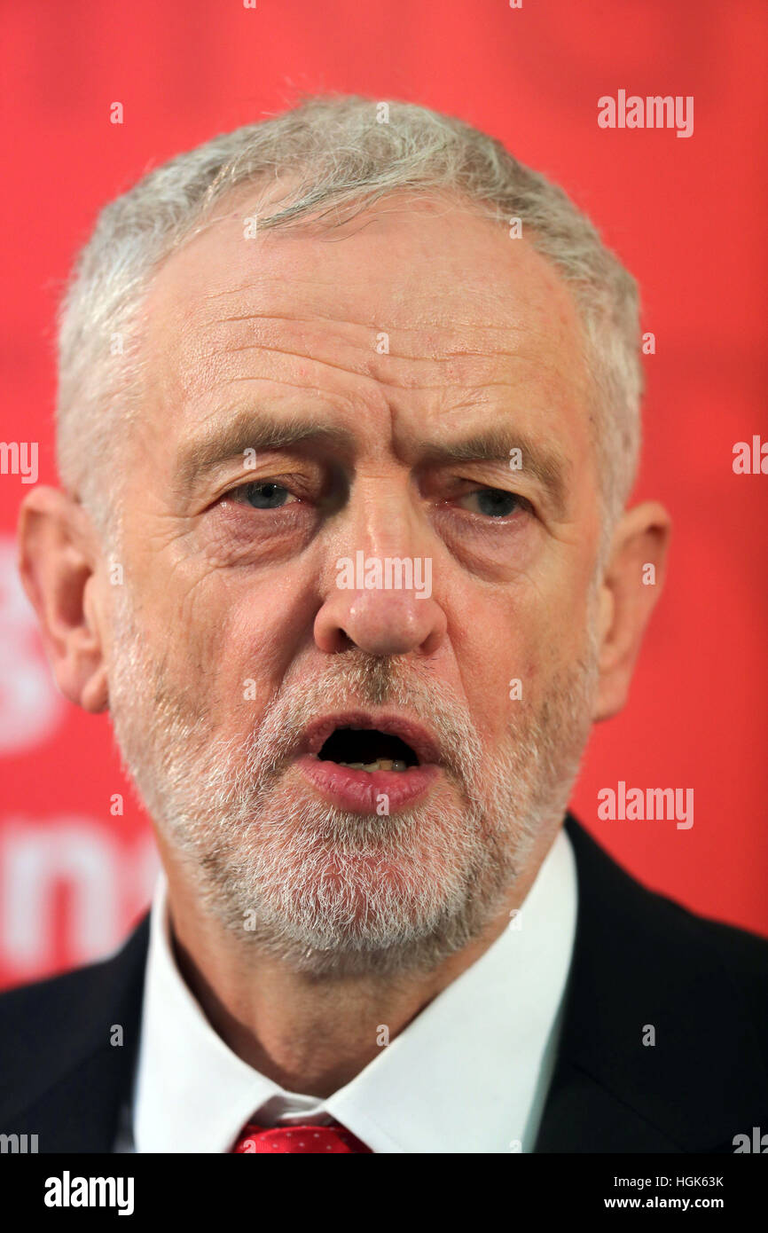 Labour Party leader Jeremy Corbyn speaks during a visit to Paston Farm ...