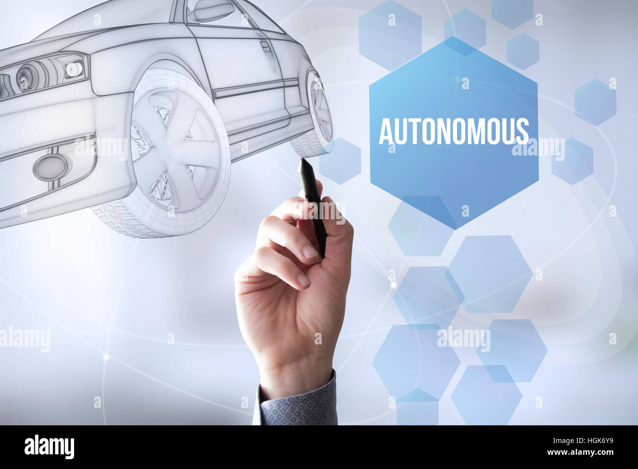 hand touching a touch screen interface with autonomous car Stock Photo ...
