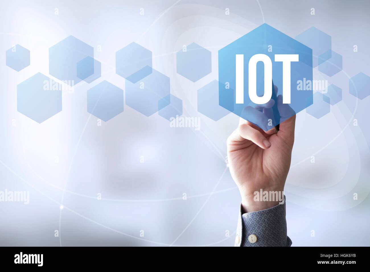 hand touching a touch screen interface with iot Stock Photo - Alamy