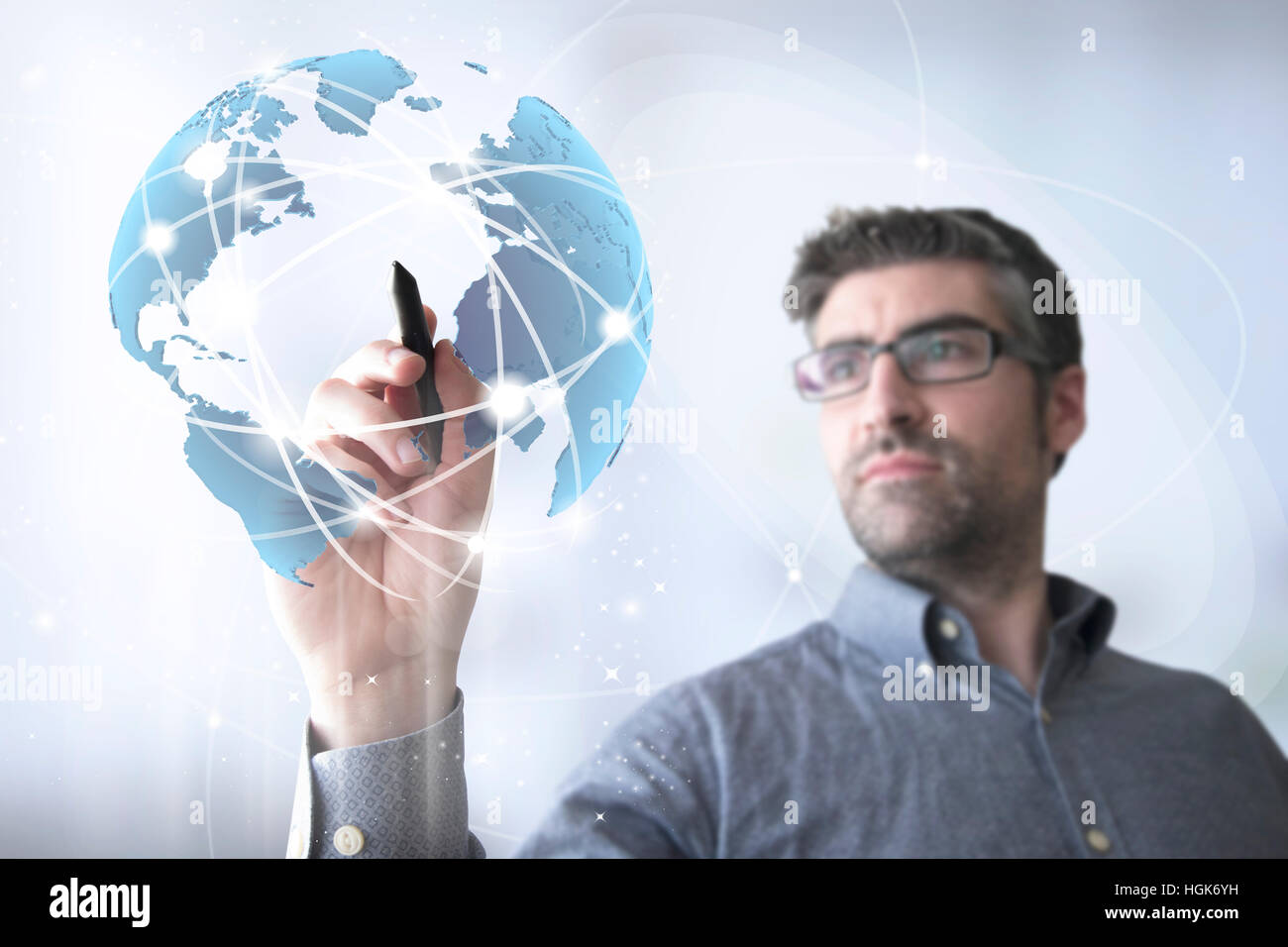 man touching earth connection hud hud Stock Photo - Alamy