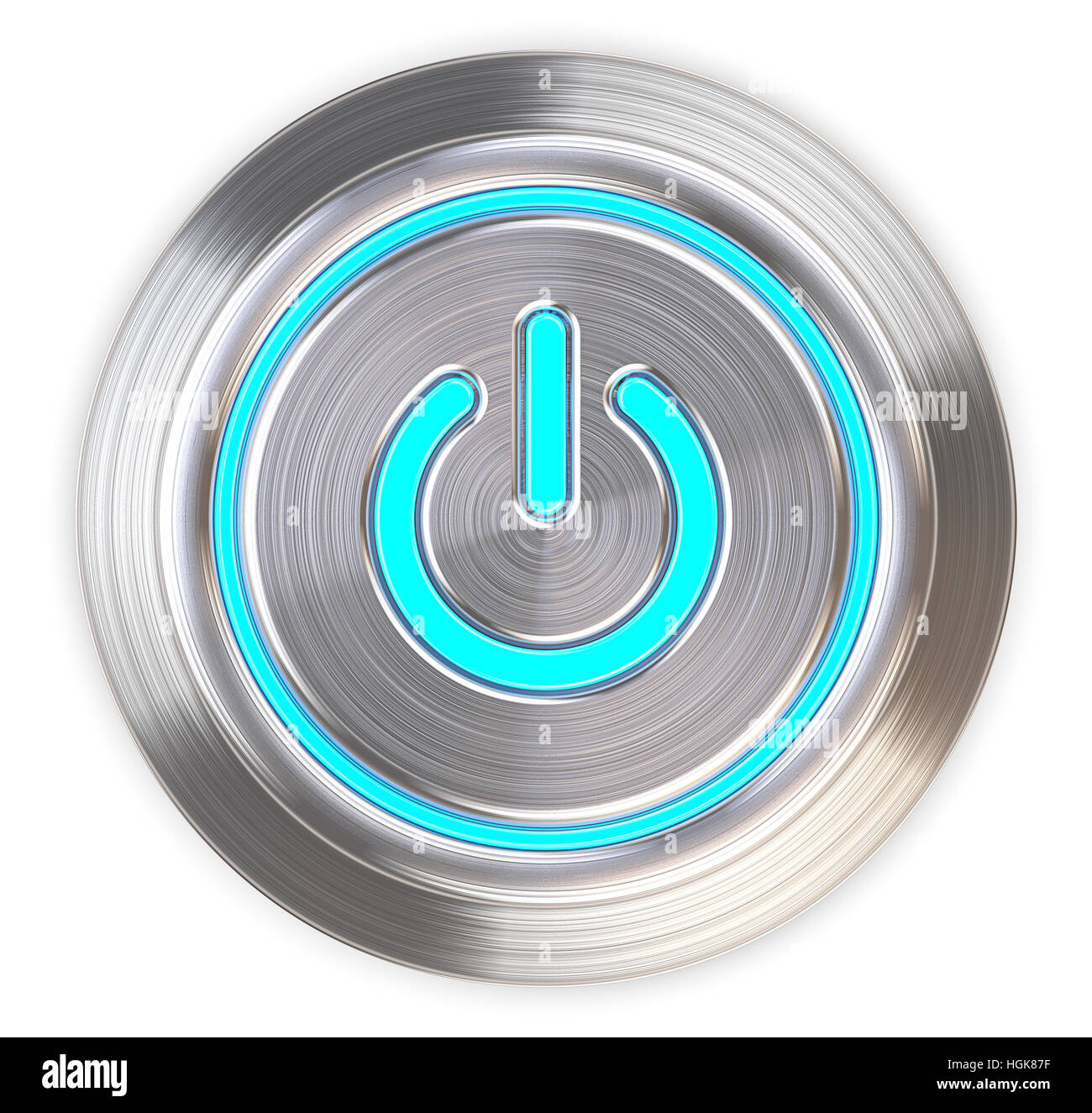 3D render of a Power Button of brushed Steel. Blue LED Light. Top view ...