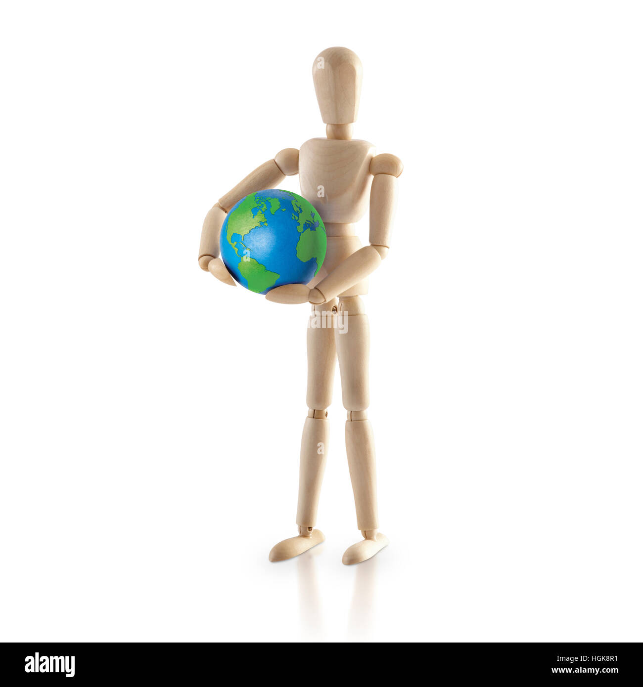 Standing Wood model carry the world on white background Stock Photo - Alamy