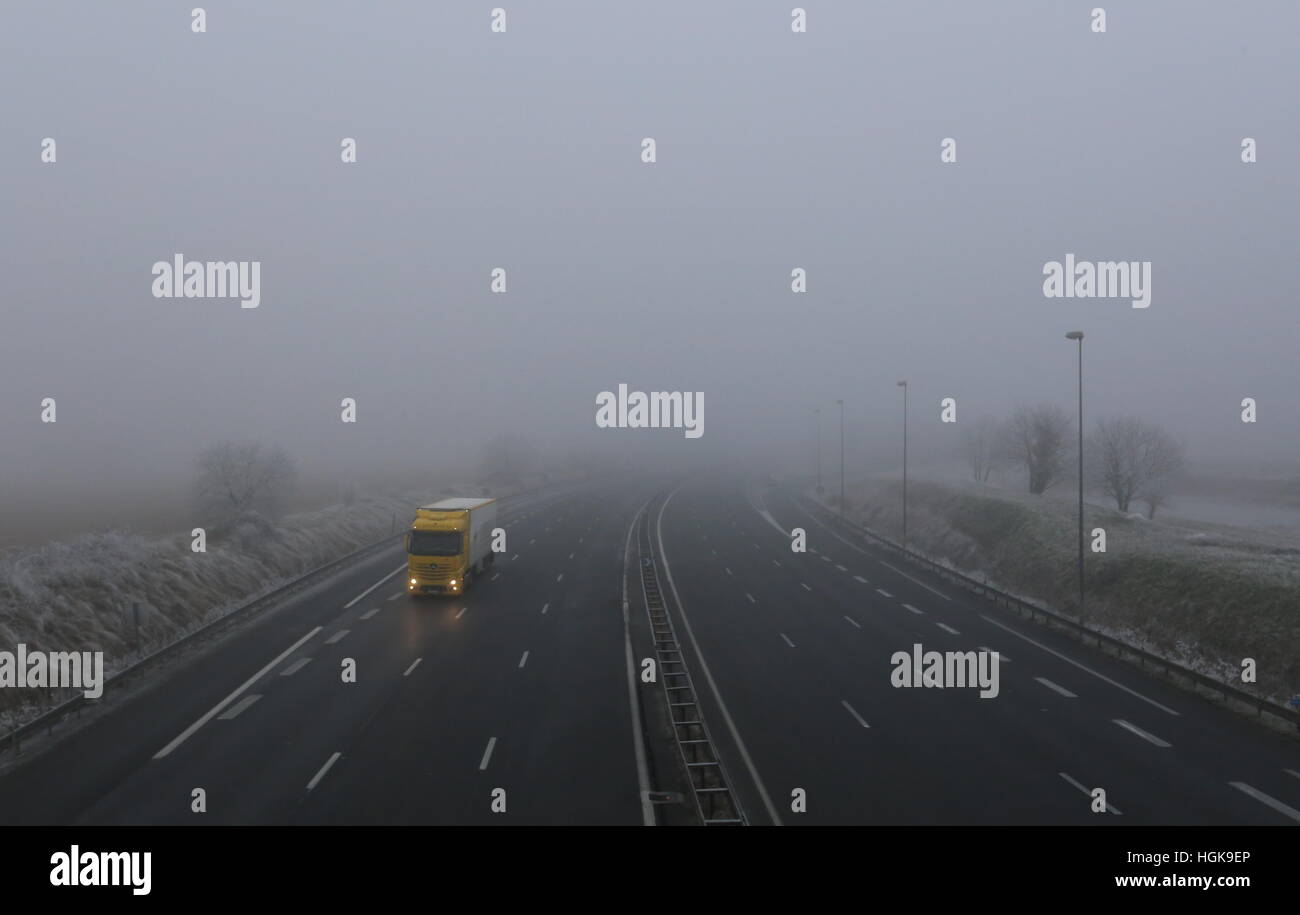 Traffic on A10 Autoroute in heavy fog near Tours France January 2017 ...