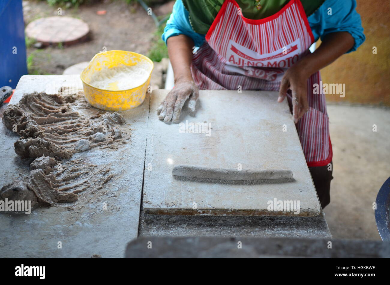 Terengganu, Malaysia - January 1, 2016: Process of making Lekor, a ...