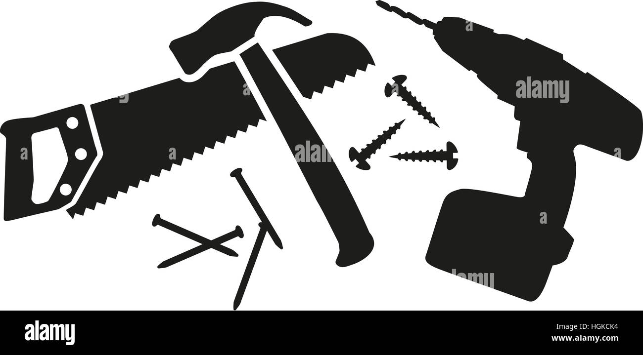 Workman tool with saw, hammer, nails and drill Stock Photo - Alamy