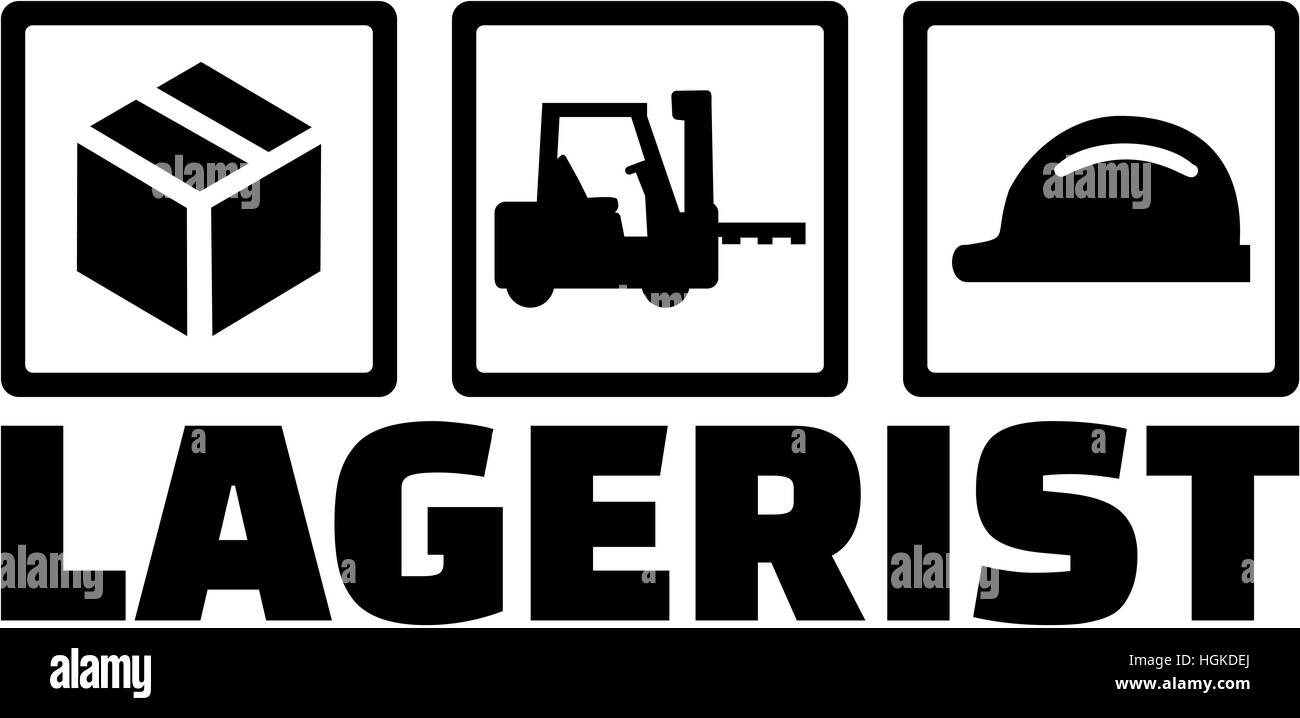 Warehouse worker with icons and german job title Stock Photo - Alamy