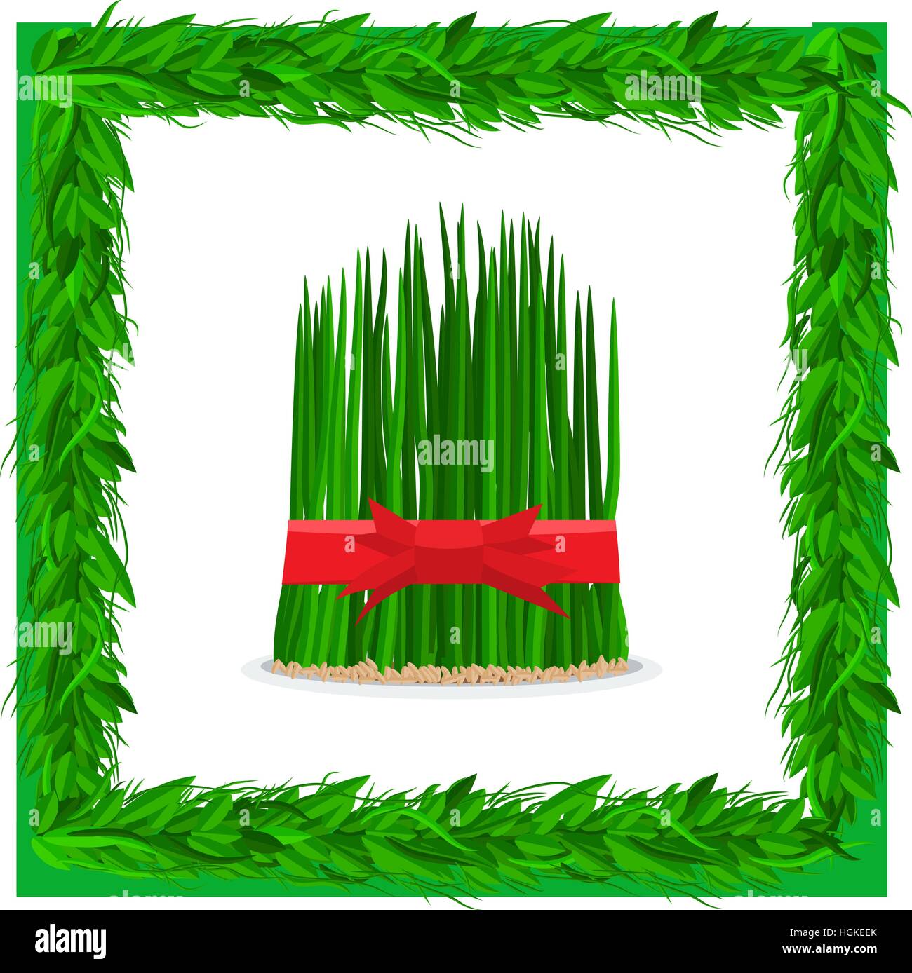 Nowruz holiday grass semeni on plate with red ribbon. Flat color style ...