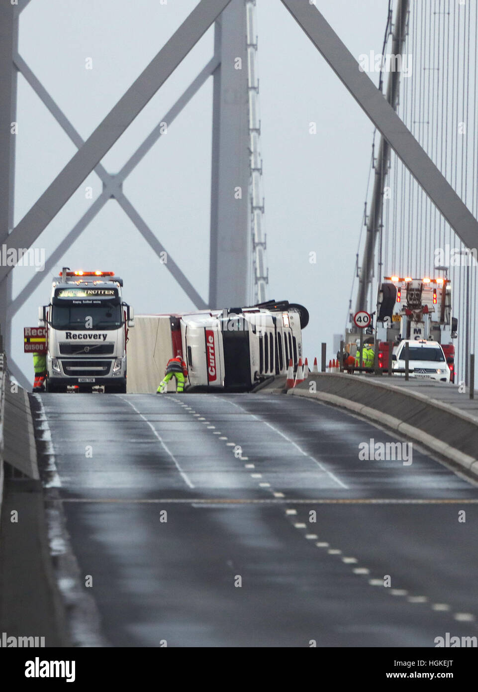 An overturned lorry on the forth road bridge near edinburgh hi-res ...