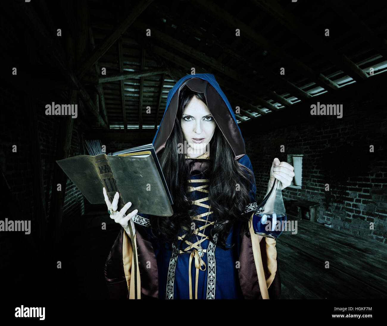 Beautiful young halloween witch wearing vintage gothic dress with hood ...