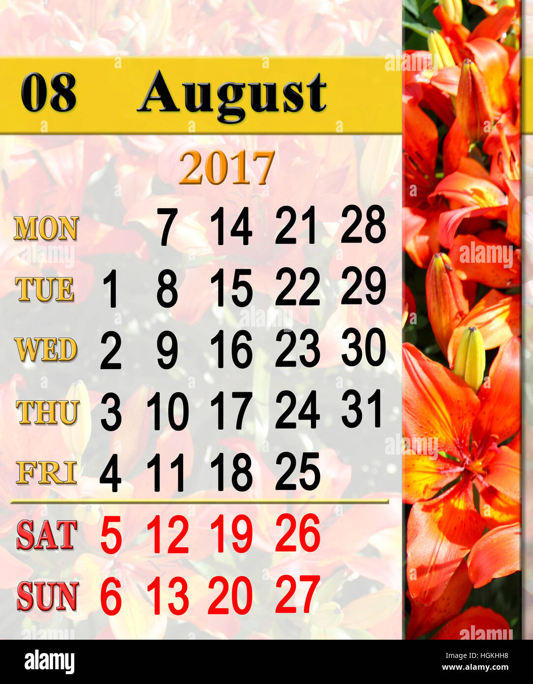 calendar for August 2017 on the background of beautiful red lilies ...