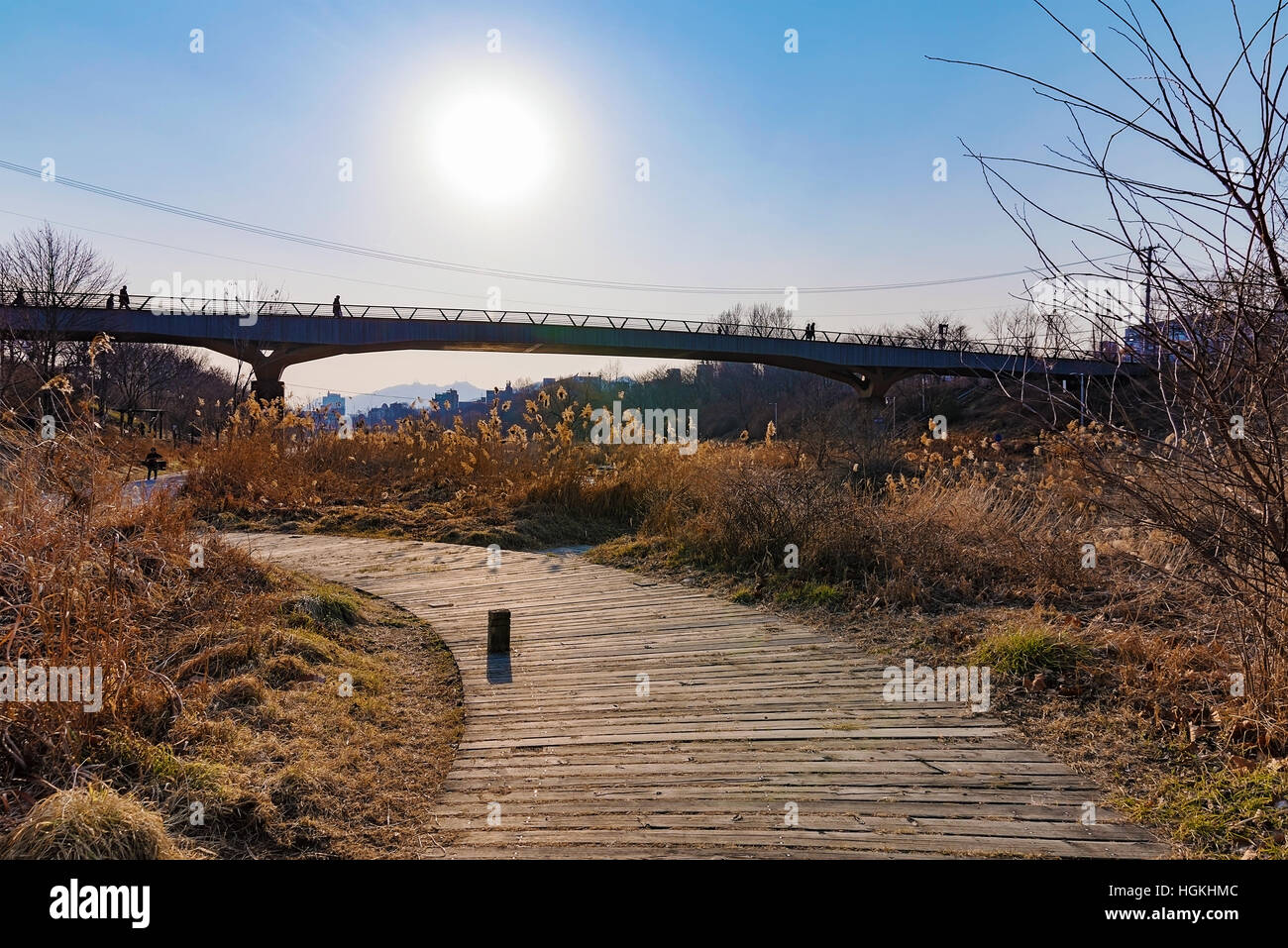 Riverside area with walking path and bridge on a sunny day Stock Photo ...