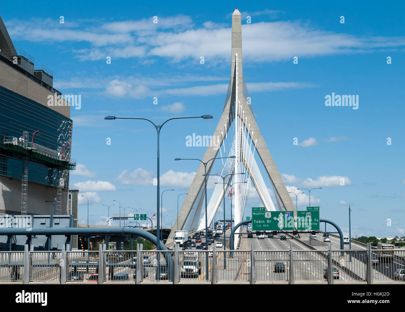 The view of a traffic over cable bridge in Boston (Massachusetts Stock ...