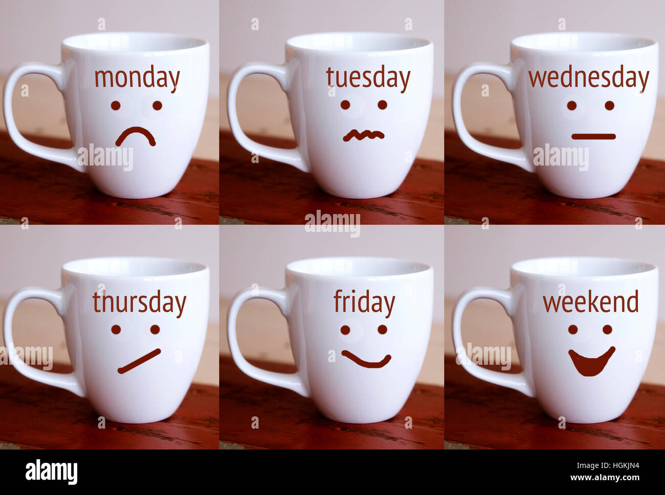 six cups with the words of days of the week and drawn faces Stock Photo ...