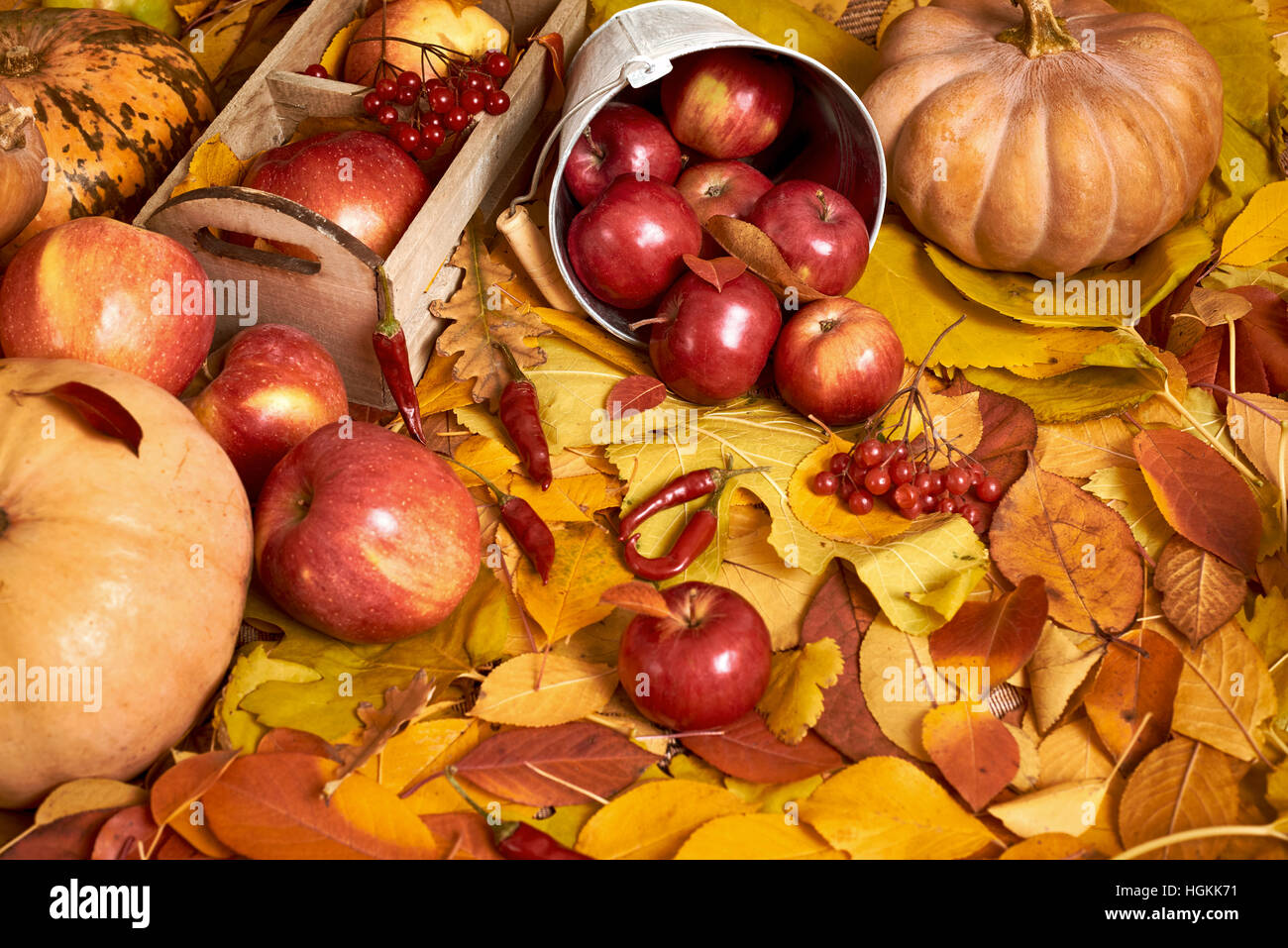 autumn background, fruits and vegetables on yellow fallen leaves ...